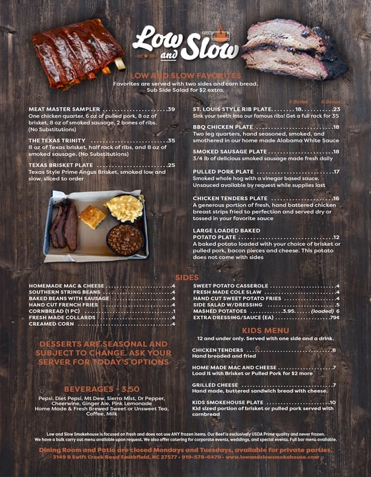 Menus | Low and Slow Smokehouse